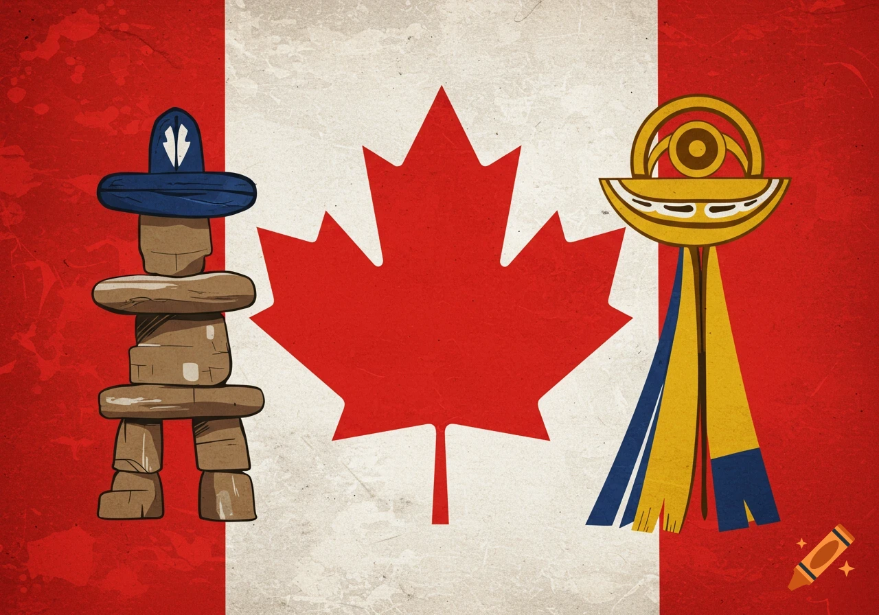Canadian flag with an Inukshuk and a golden trophy symbol, textured ...