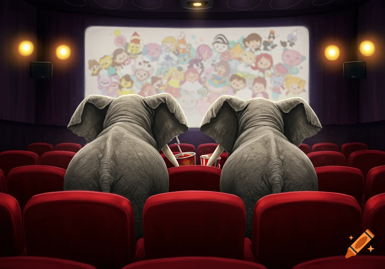 Two elephants sit in red cinema seats, watching a movie on a large ...