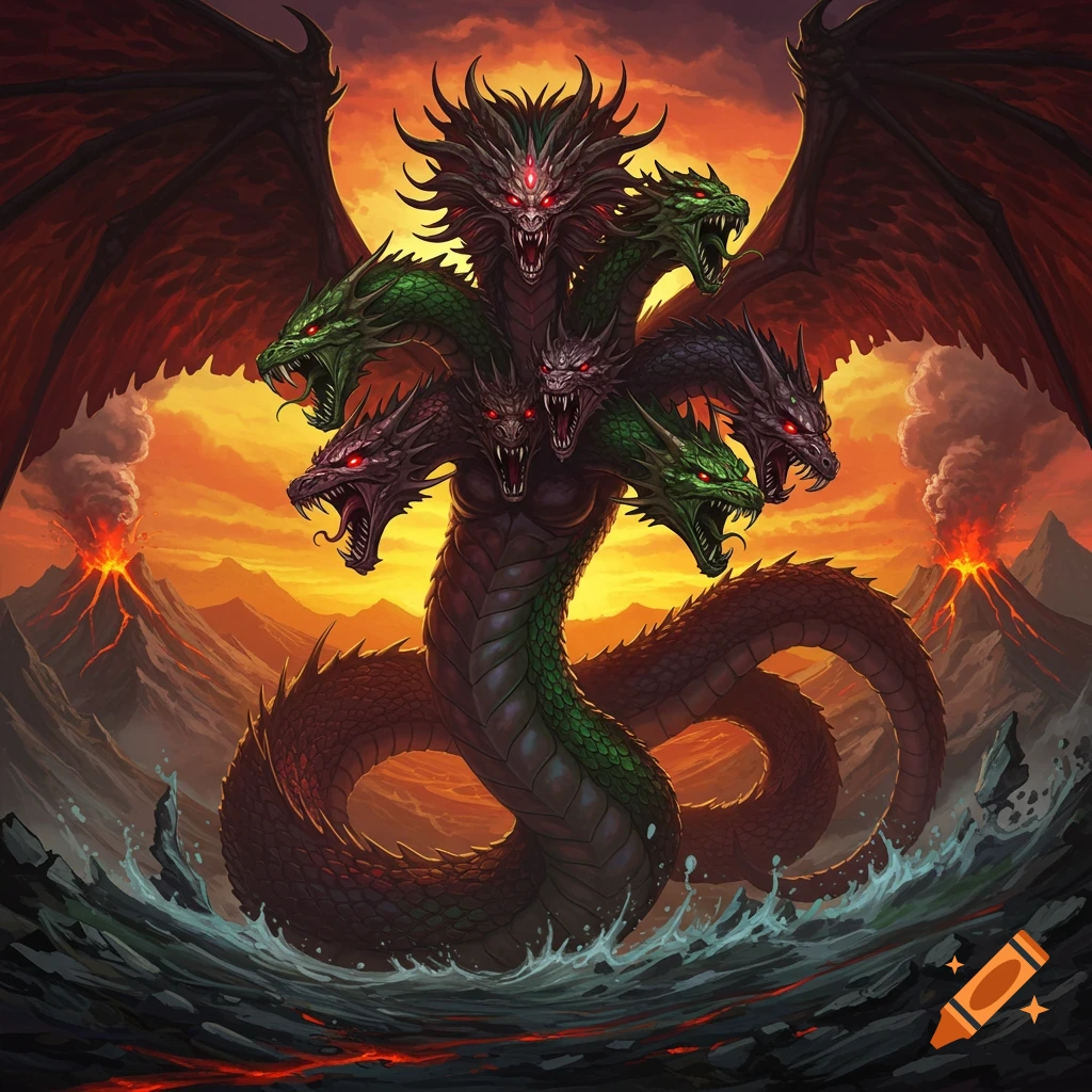 A multi-headed dragon-like creature with wings rises from water in a ...