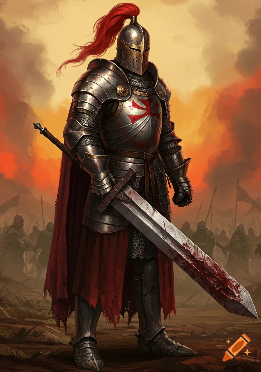 A knight in full armor with a red plume stands on a battlefield holding ...