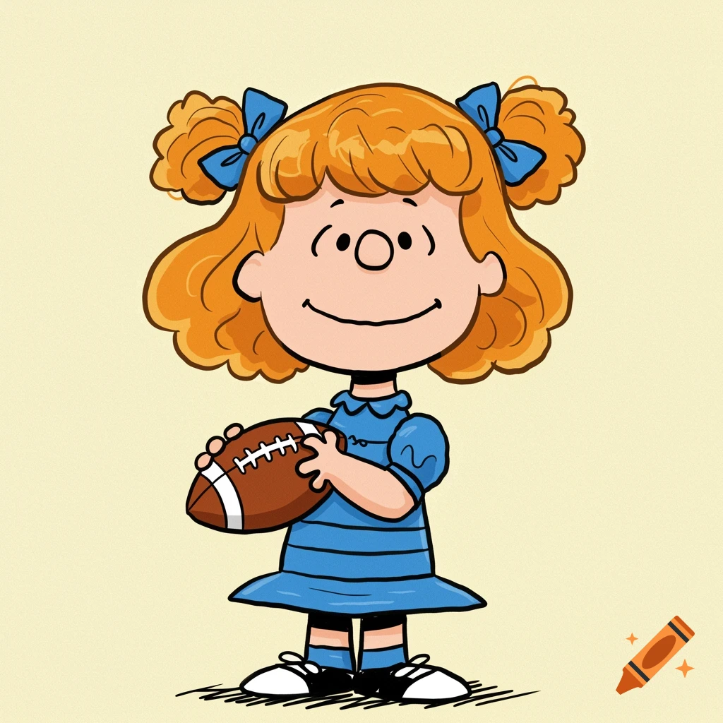Cartoon girl resembling Lucy from Peanuts holding a football on Craiyon