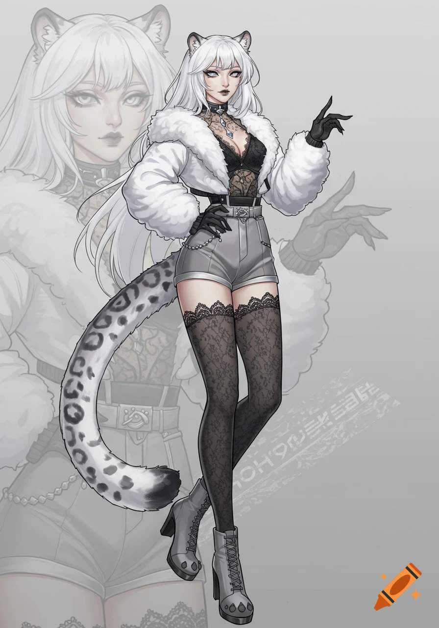 Full body anime illustration of a white-haired snow leopard hybrid in a ...