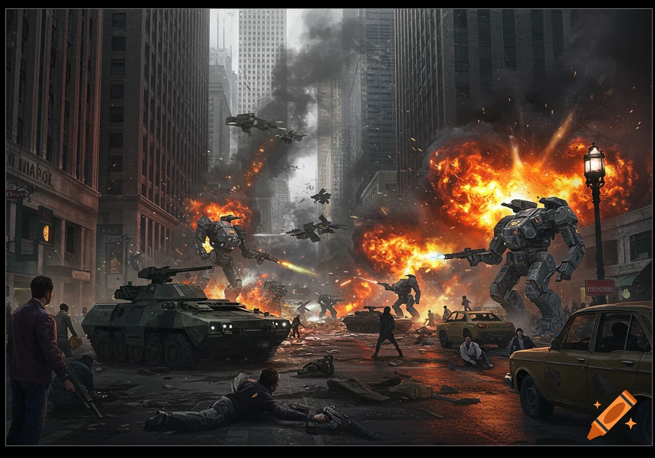 A street battle in a city with giant mechs, tanks, and explosions. on ...