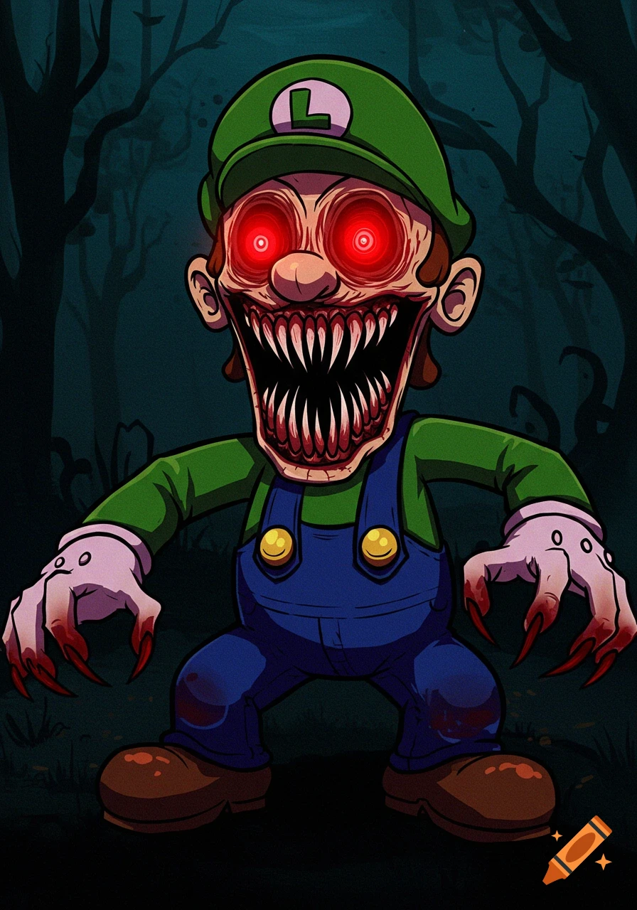 Horror version of Luigi with sharp teeth and claws in a dark forest. on ...