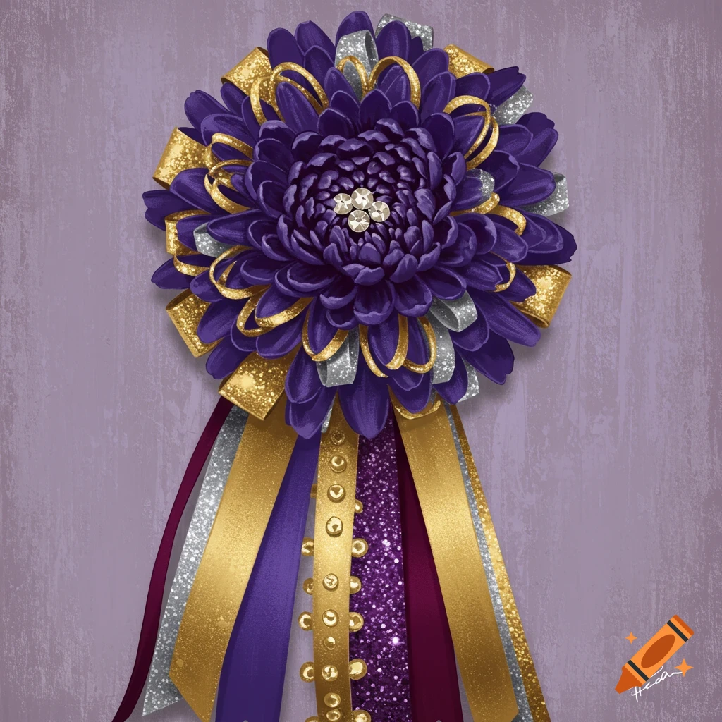 A purple and gold homecoming mum with ribbons and glitter. on Craiyon