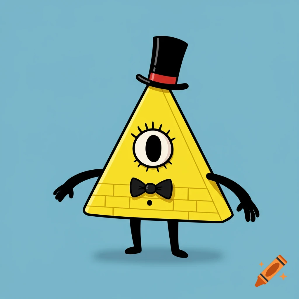 A cartoon yellow triangle character wearing a top hat and bowtie. on ...