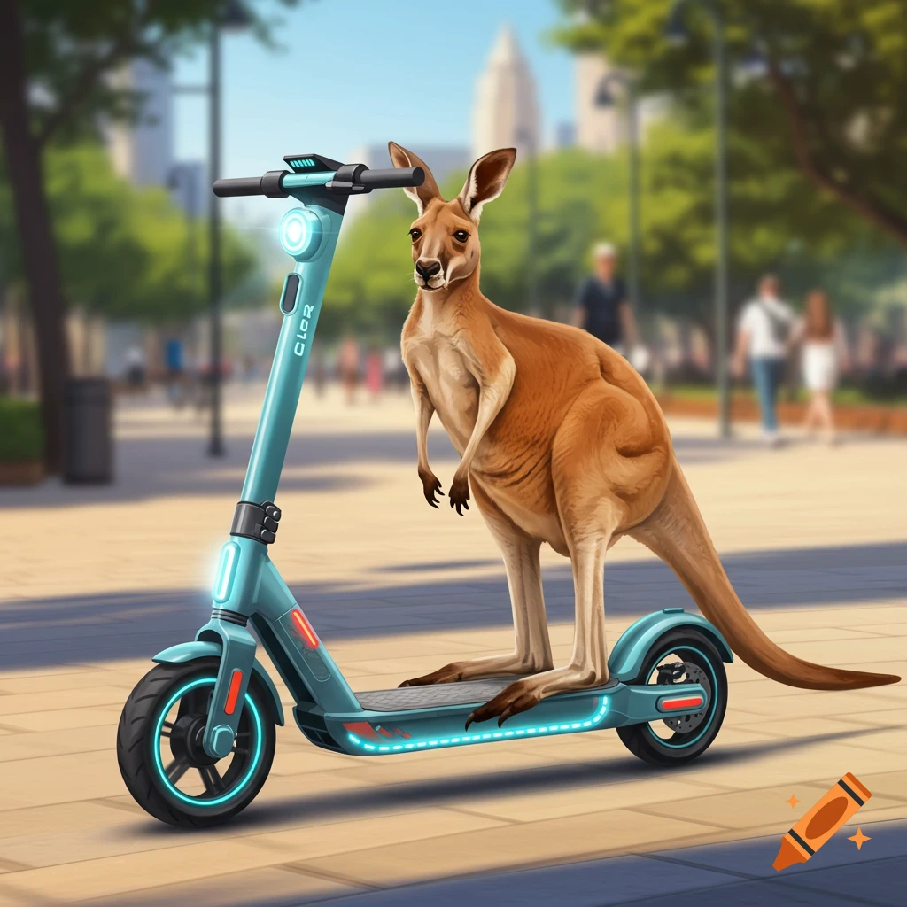 A kangaroo stands on a blue electric scooter in a park. on Craiyon