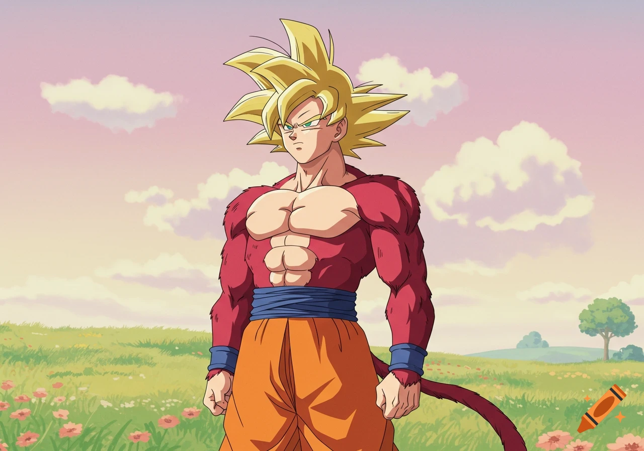 SSJ4 Goku standing in a field in Studio Ghibli animation style. on Craiyon