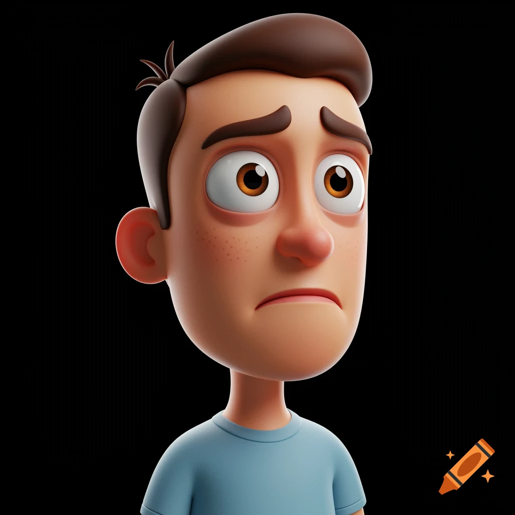 A worried-looking cartoon character with freckles against a black ...