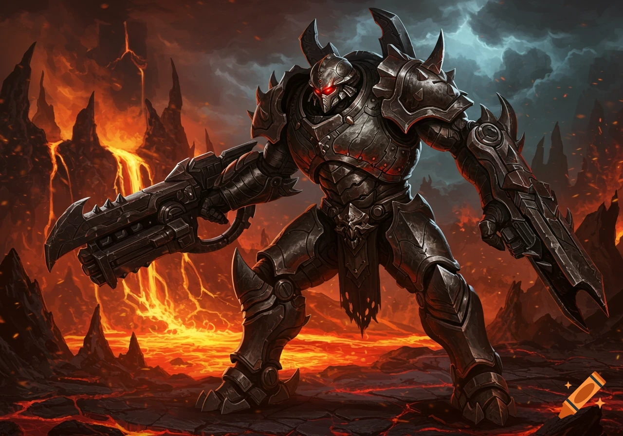 Heavily armored mech stands in a volcanic hellscape holding large ...