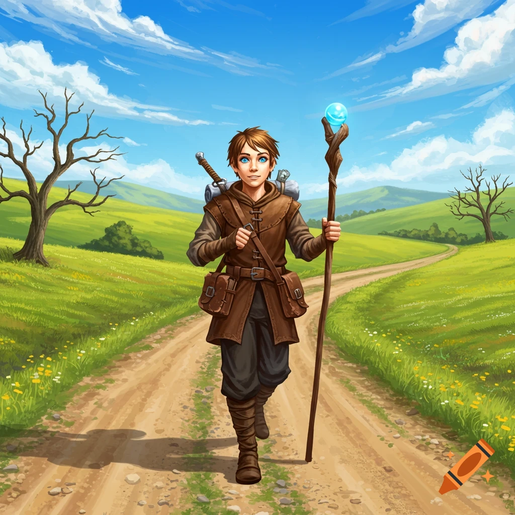 Young adventurer walks on a dirt path through a grassy valley under a ...