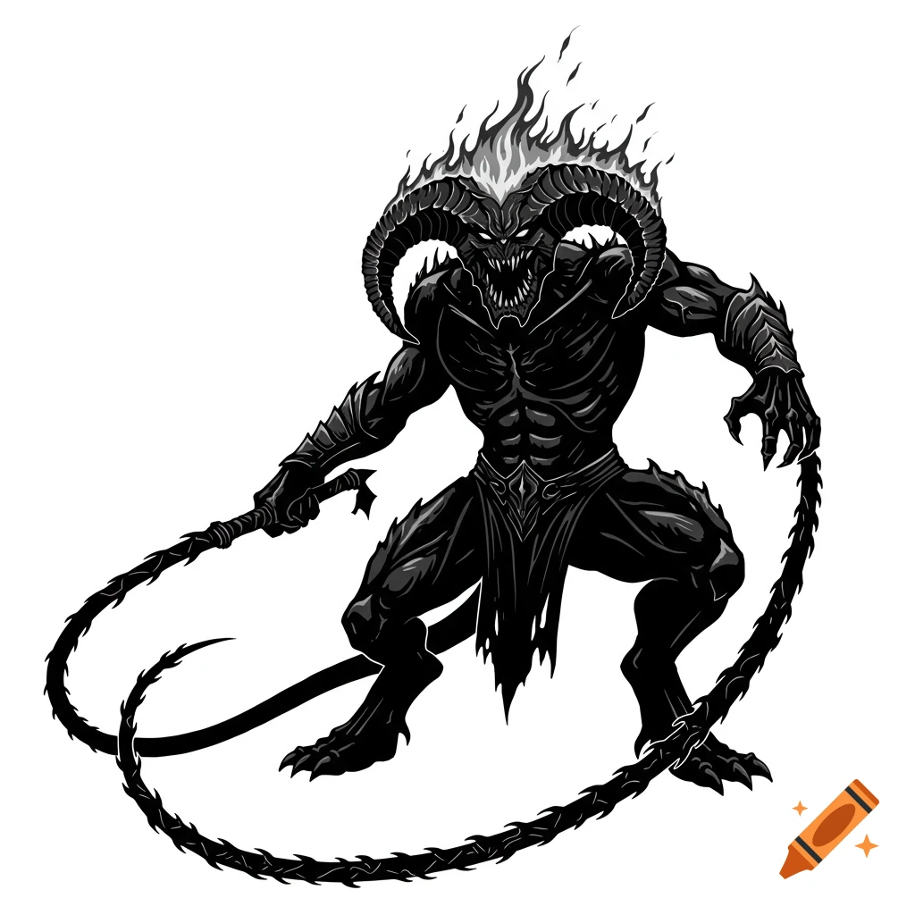Monochromatic illustration of a demonic creature with horns and a whip ...