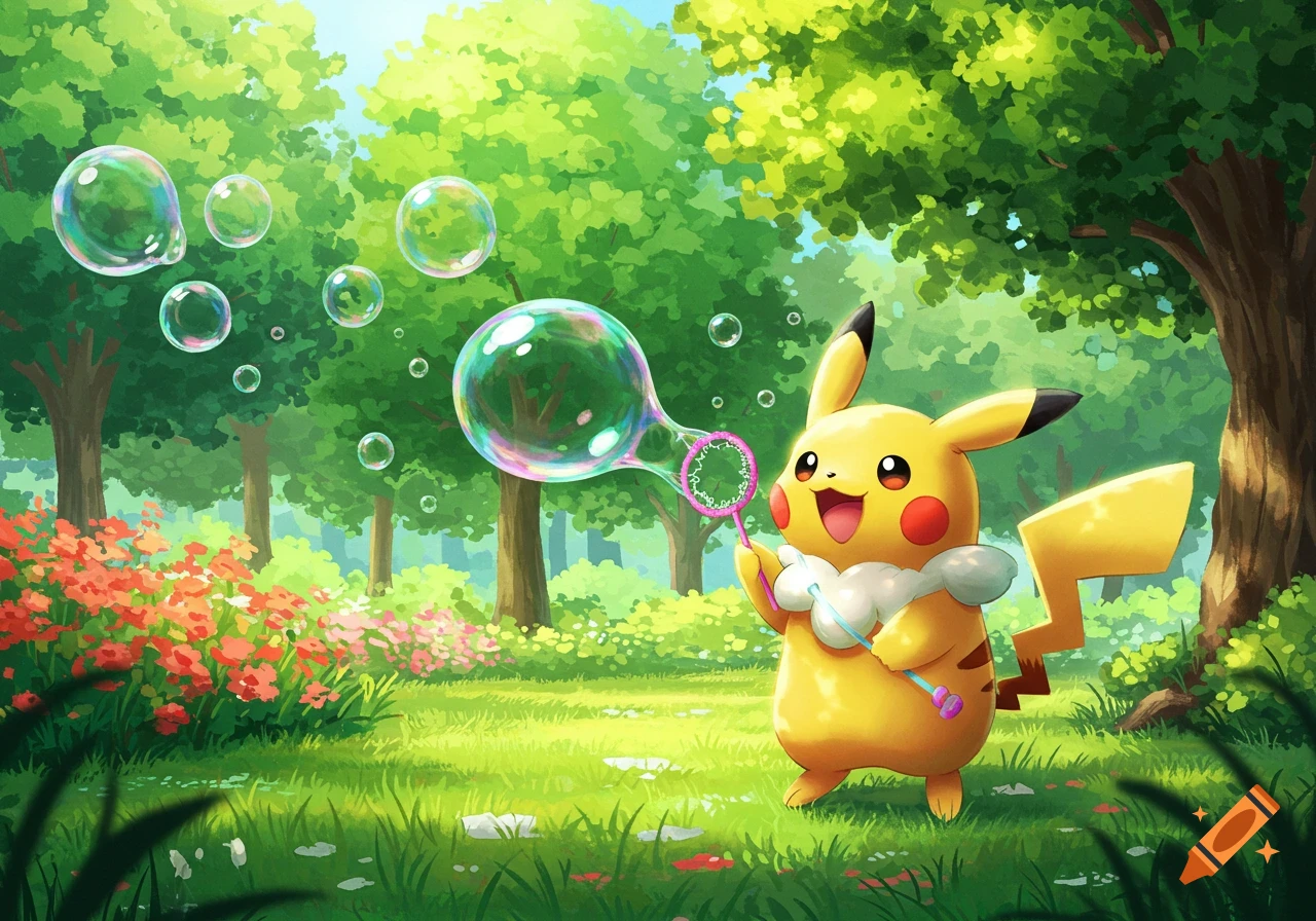 Pikachu blowing bubbles in a sunny park illustration on Craiyon