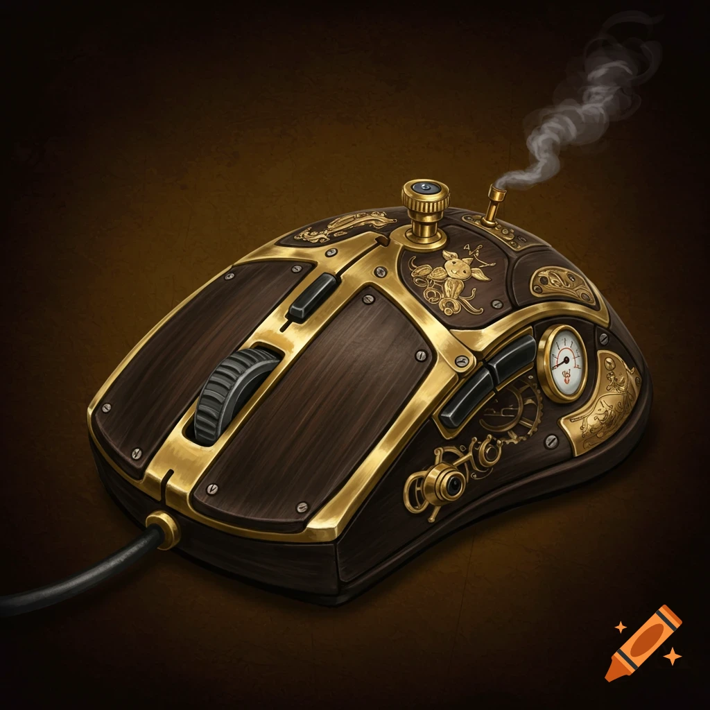 A computer mouse designed in a steampunk style with wood, brass, gears ...