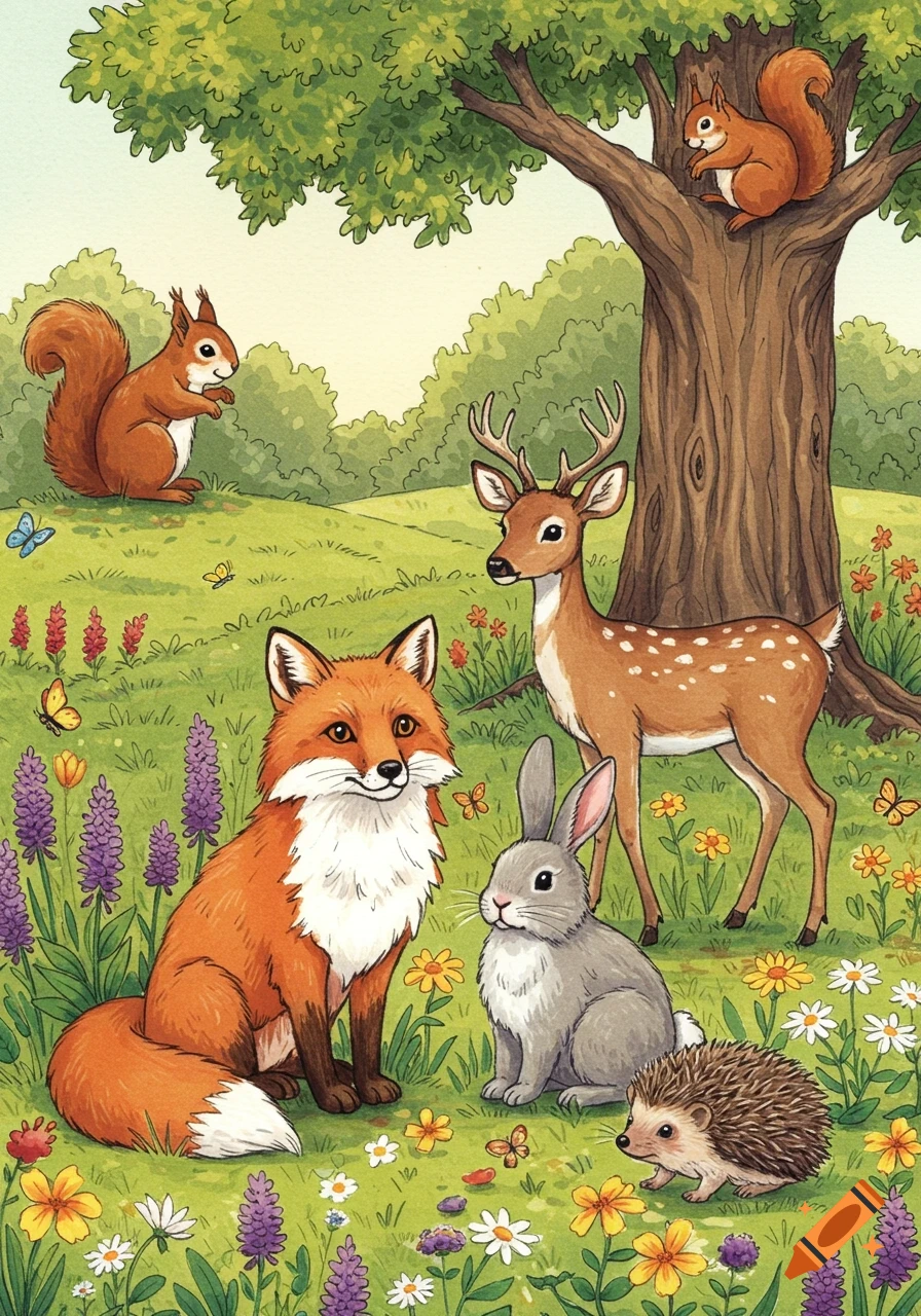 A cottagecore drawing of various animals including a fox, deer, rabbit ...