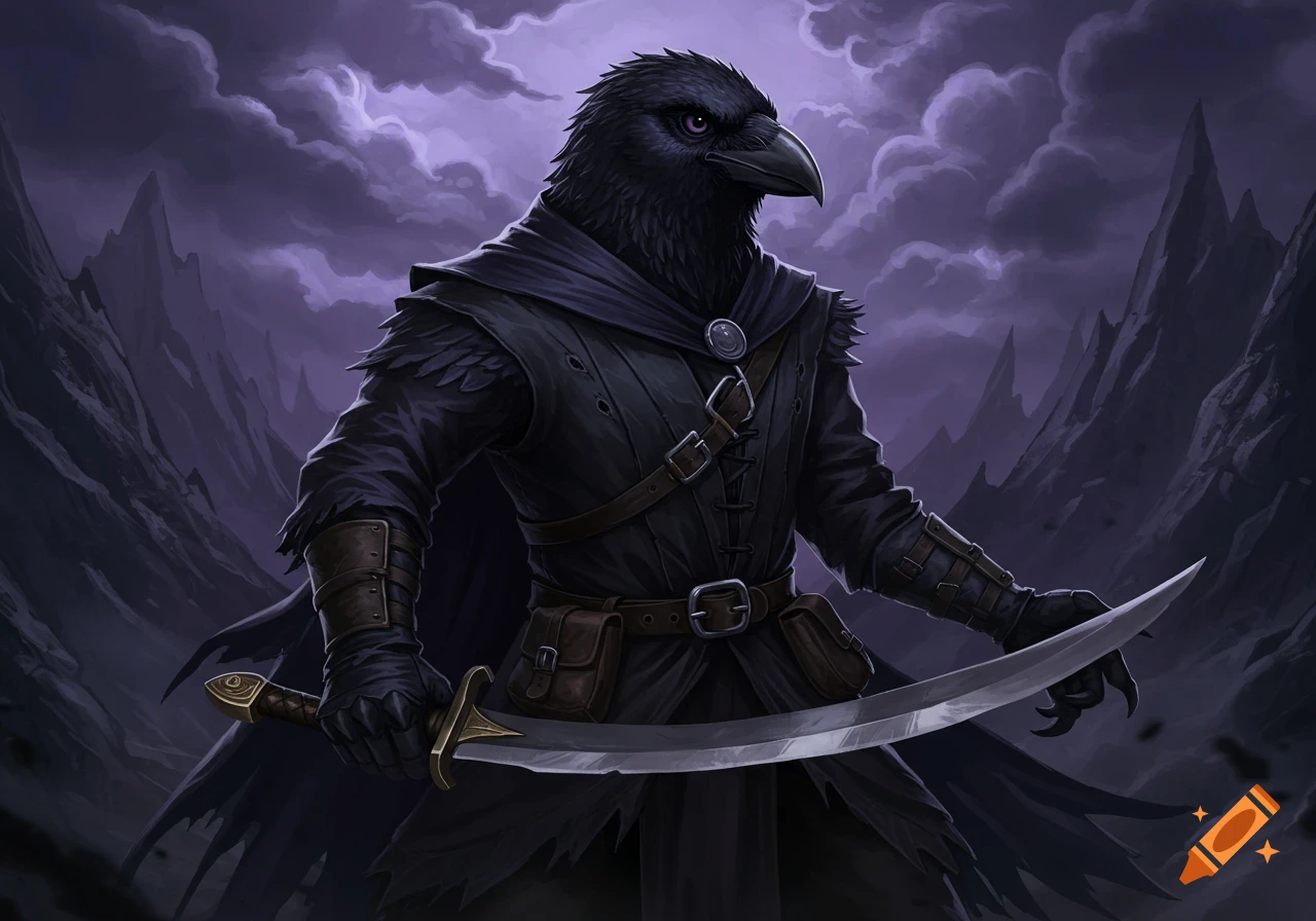 A fantasy illustration of a raven-headed creature (Kenku) in dark ...