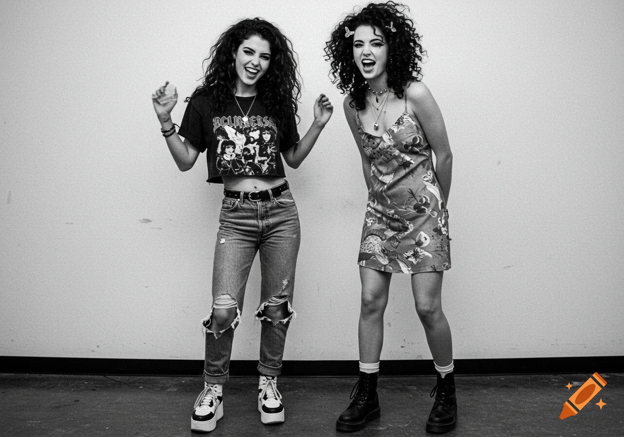 Two women in 90s fashion pose energetically in a black and white photo ...