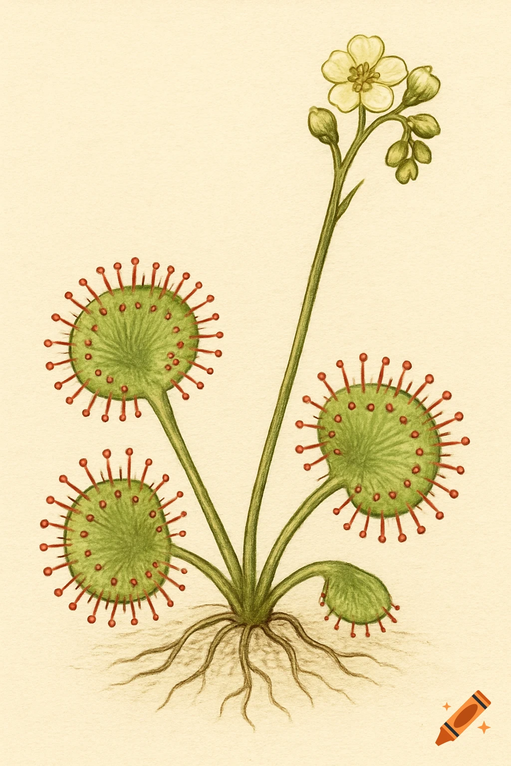 A school textbook style drawing of a round-leaved sundew plant with ...