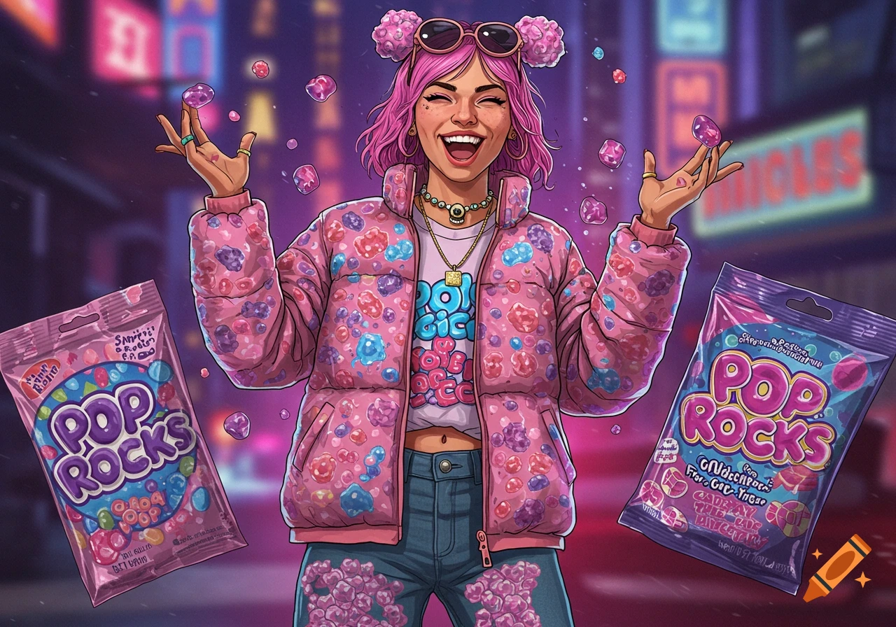 Illustration of a person with pink hair in a candy-themed outfit ...