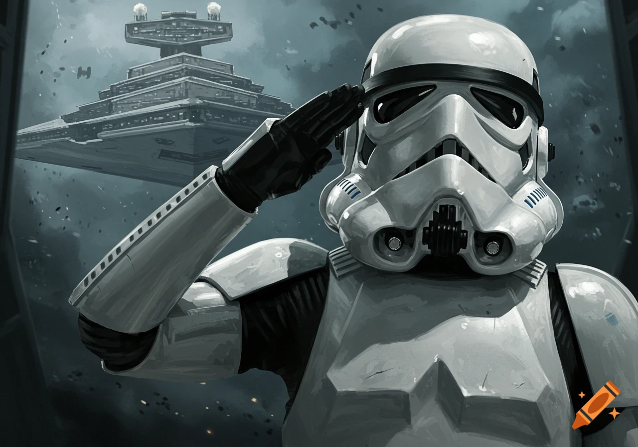 Stormtrooper salutes with an Imperial Star Destroyer in the background ...