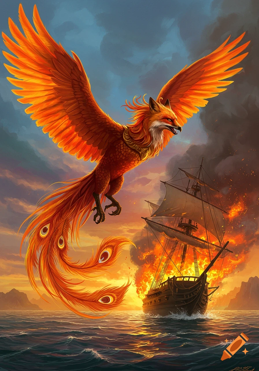 Majestic orange phoenix with a fox head flies over a burning ship at ...
