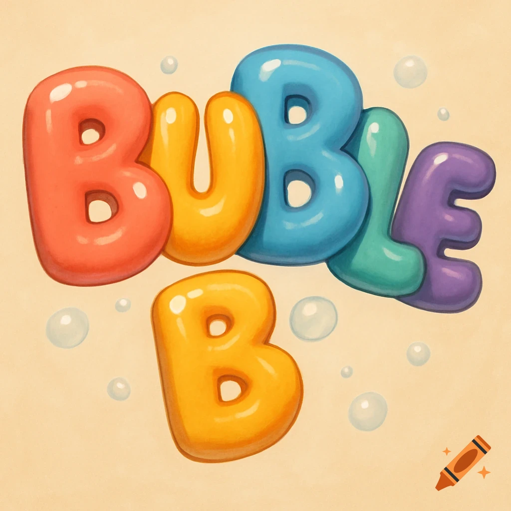 Colorful illustration of bubble letters spelling BUBBLE and B with ...
