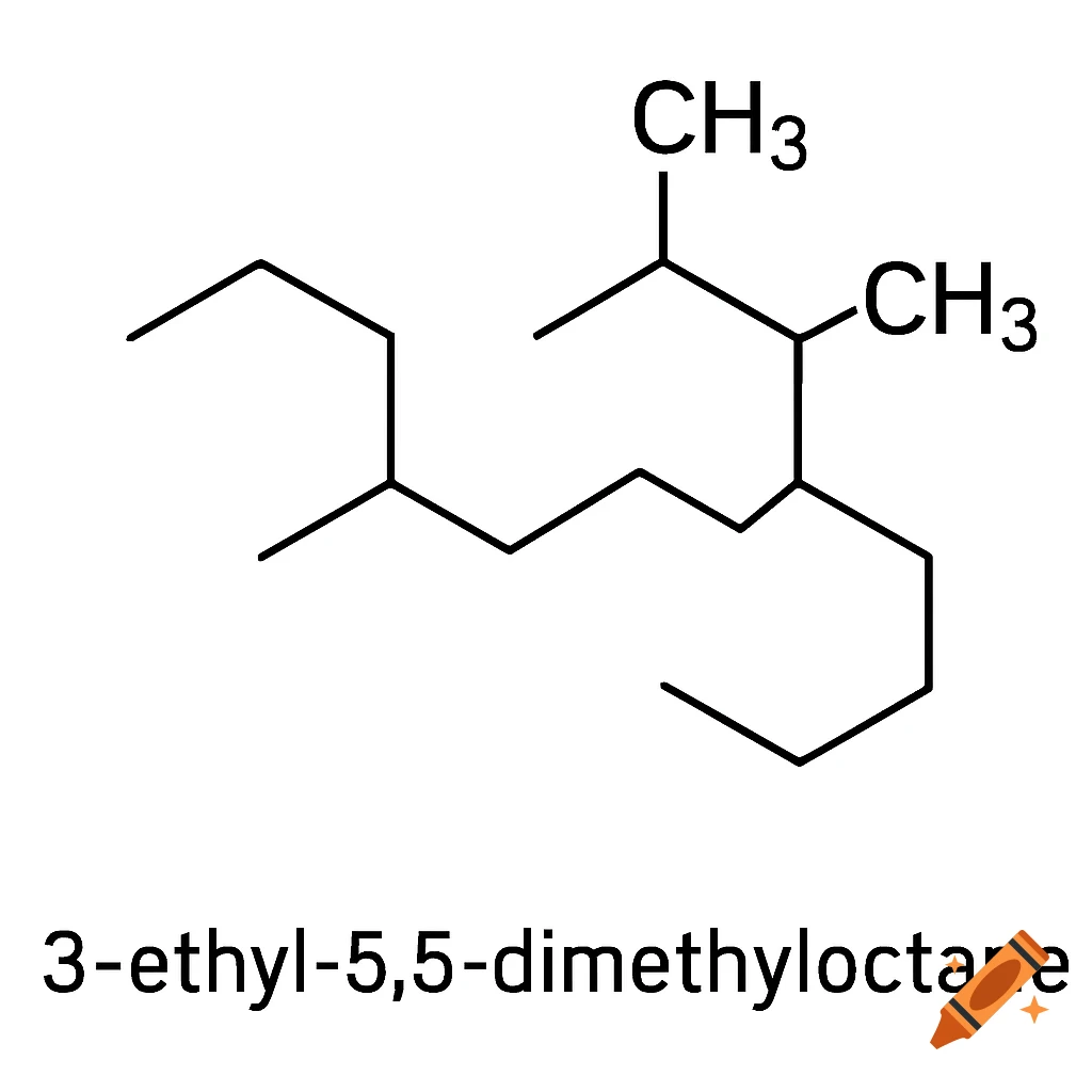 Chemical structure diagram for 3-ethyl-5,5-dimethyloctane on Craiyon