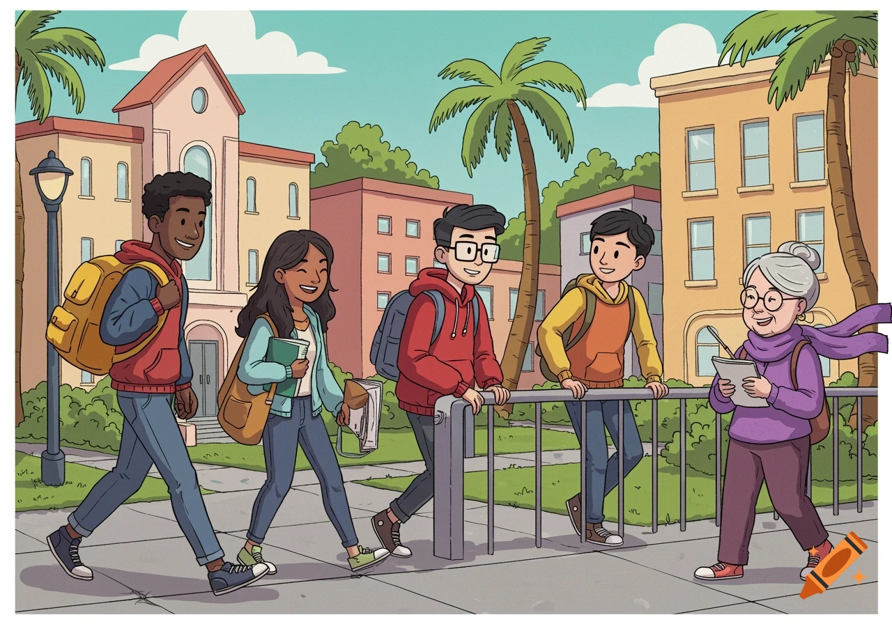 Cartoon illustration of diverse students and an older woman walking on ...
