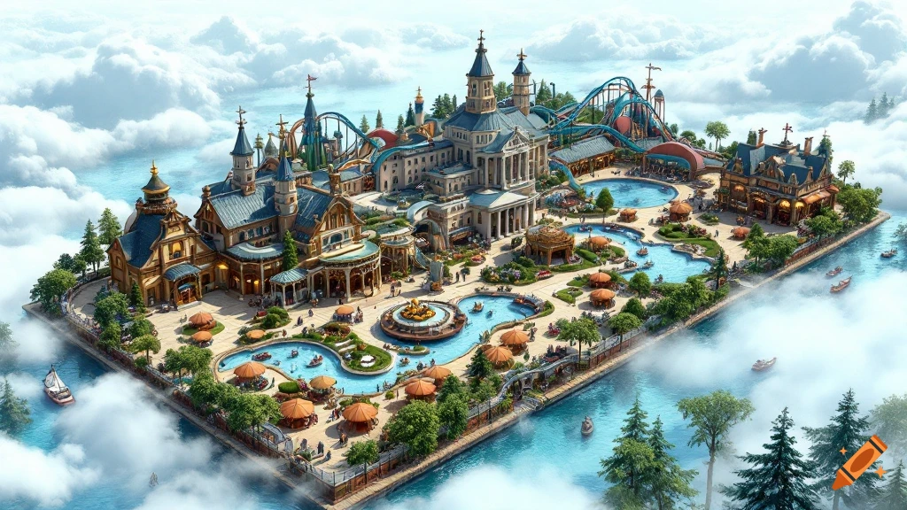 An elaborate theme park floating in the sky, featuring buildings, rides ...