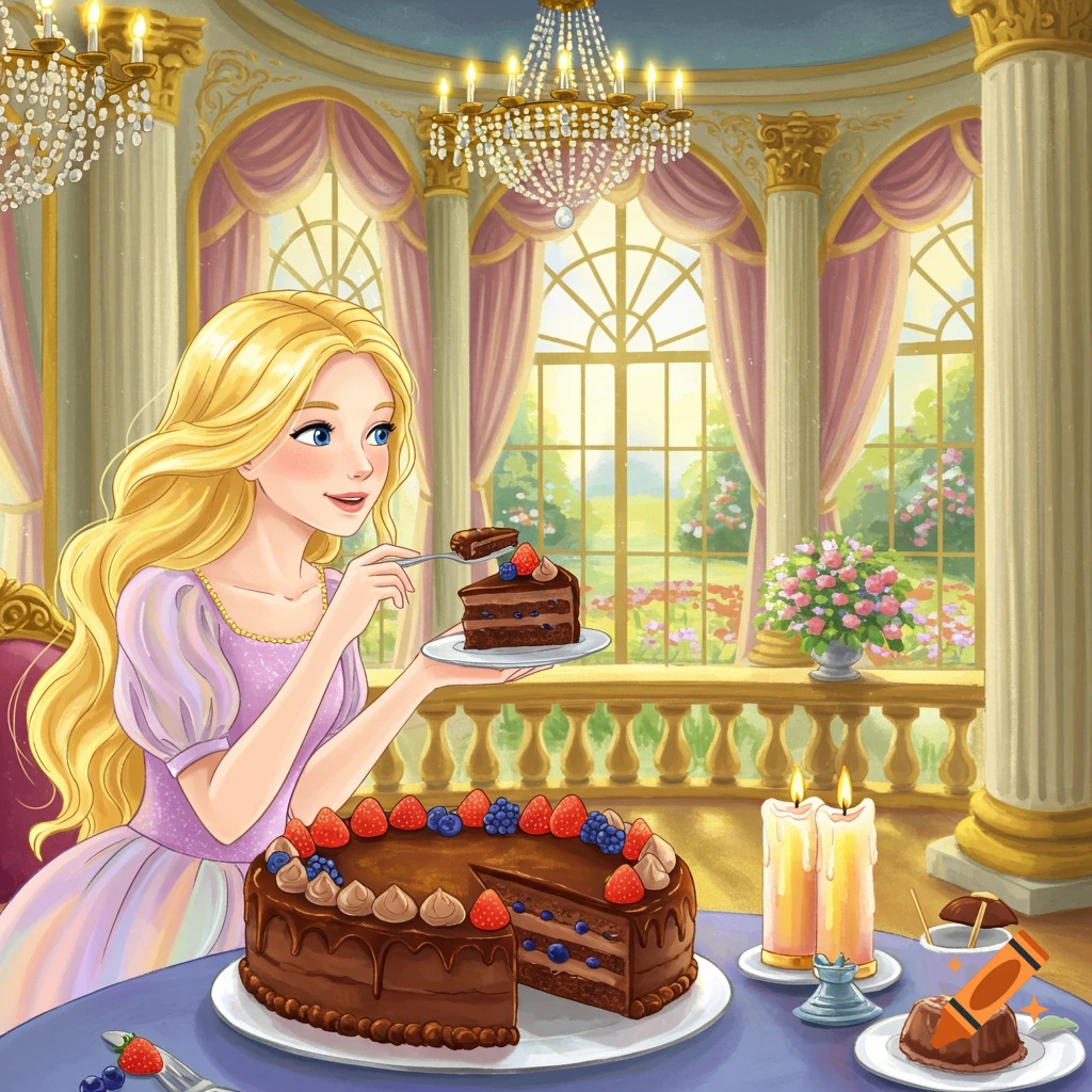 Illustration of a princess eating chocolate cake in a palace dining ...