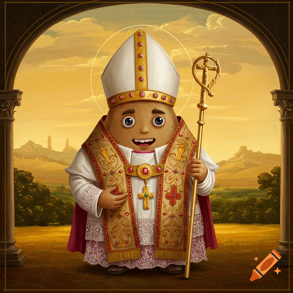 A cartoon potato character dressed as the Pope stands holding a crosier ...