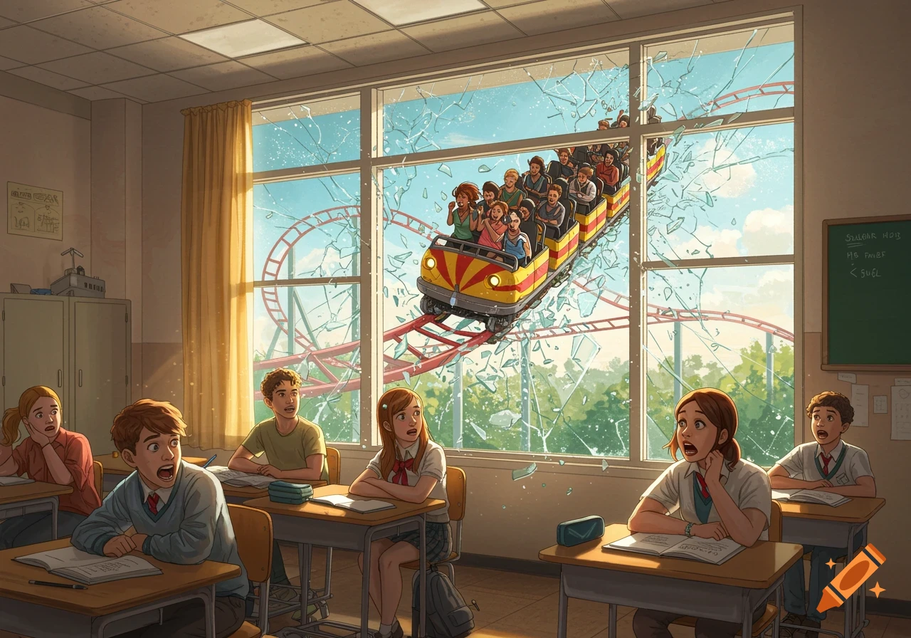 A rollercoaster crashes through a classroom window, shocking students ...