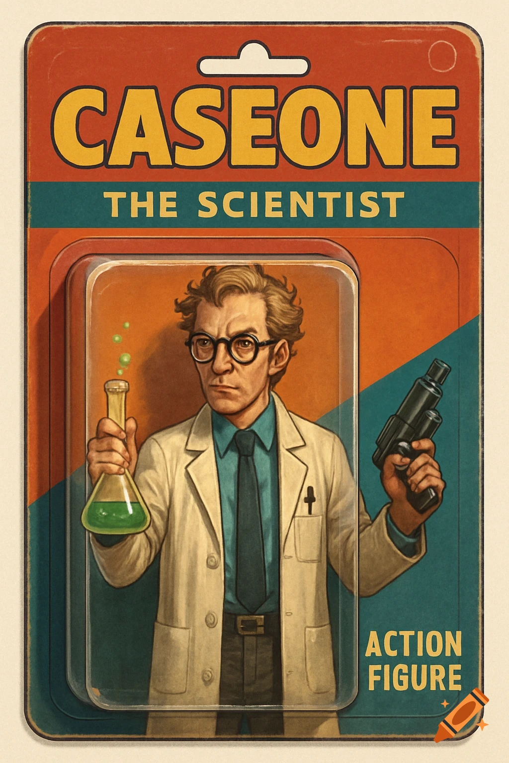 A retro action figure package for "Caseone The Scientist" holding a ...