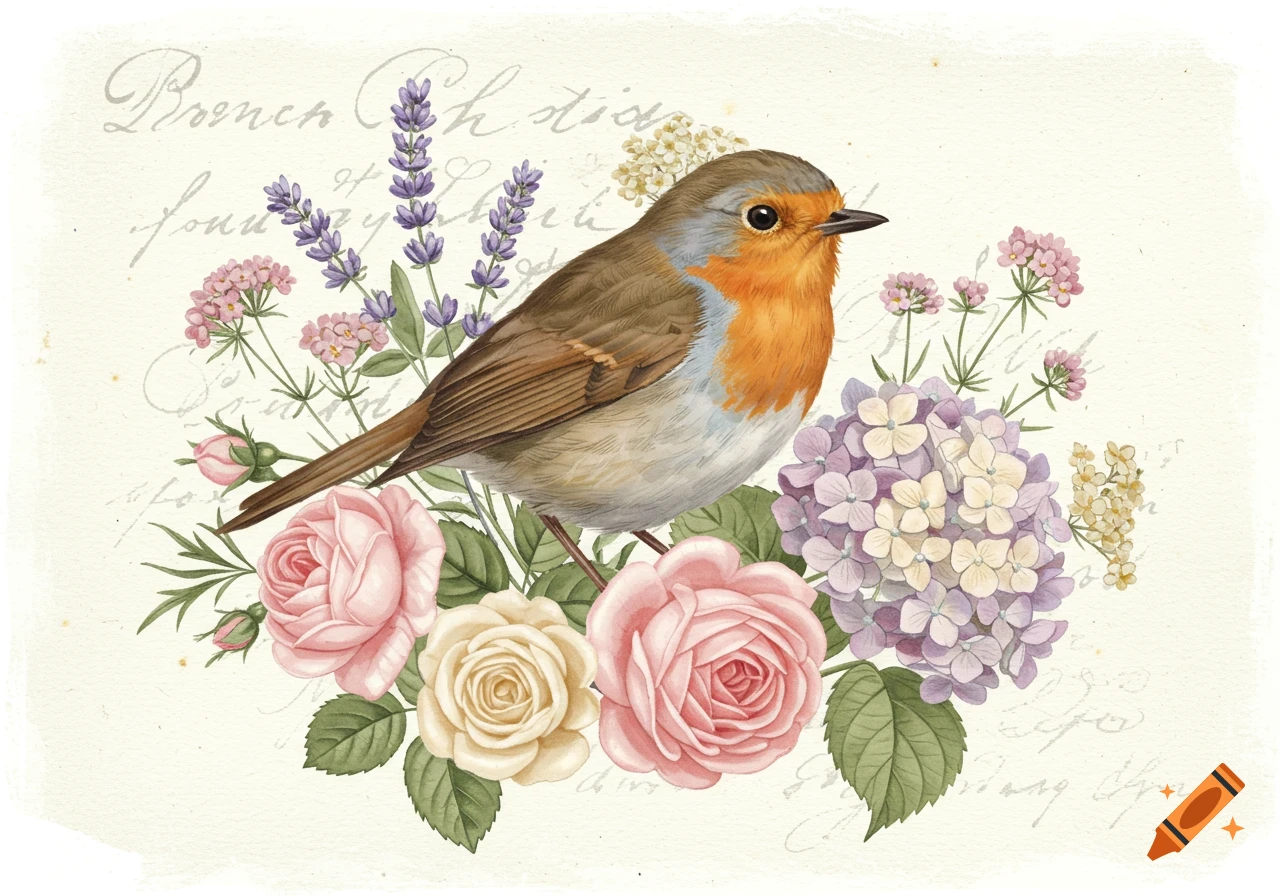 Watercolor illustration of a robin-like bird perched on a bouquet of ...