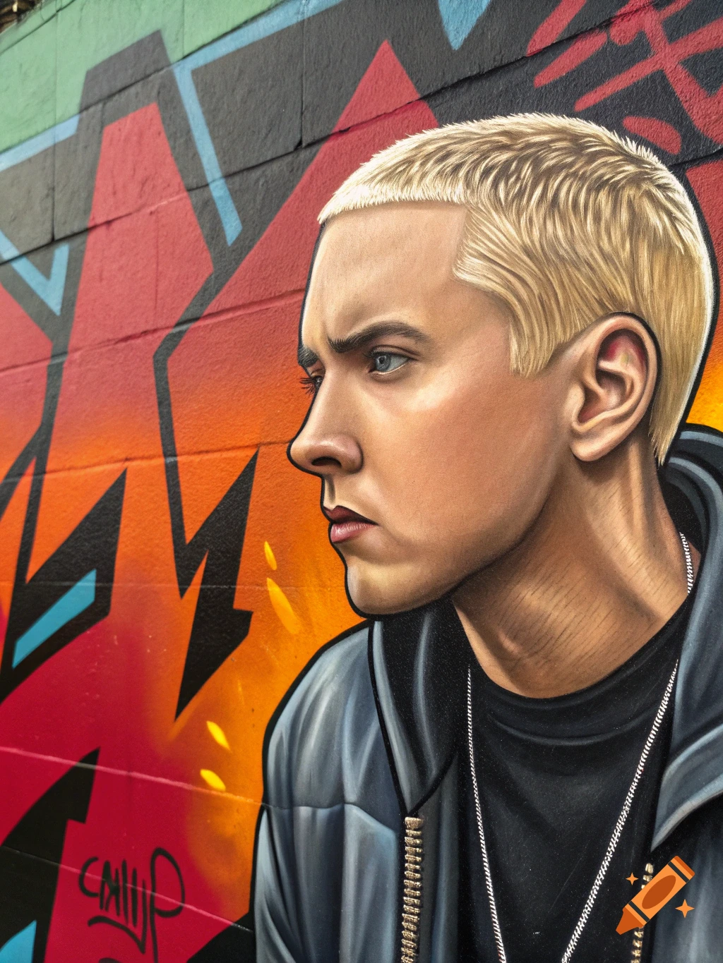 A portrait of Eminem as a colorful graffiti mural on a brick wall. on ...
