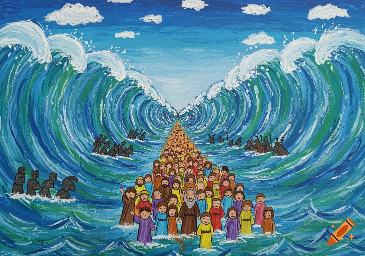 A crowd walks through the parted Red Sea between walls of water, drawn ...