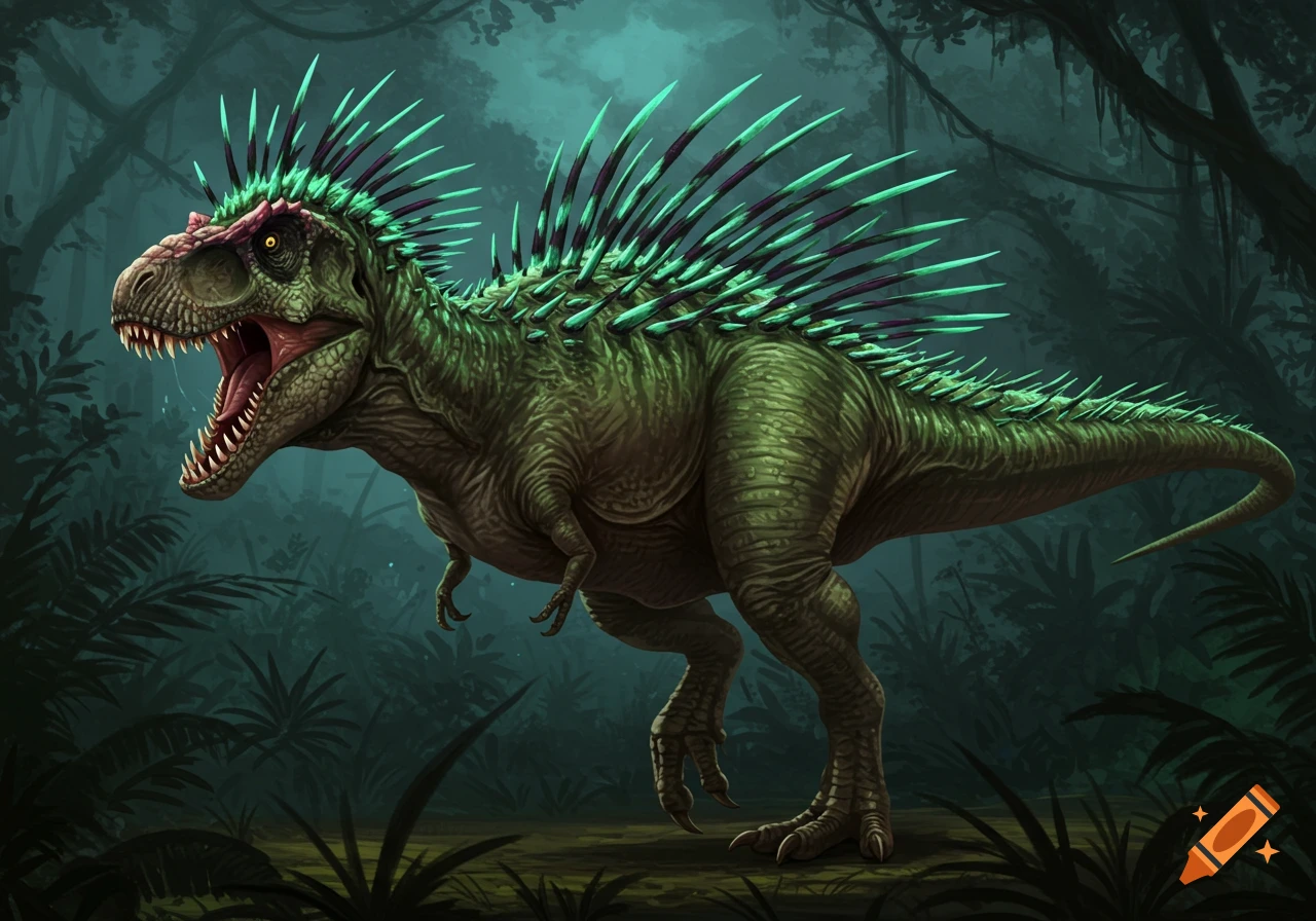 A green T-Rex with teal quills on its back stands roaring in a dark ...