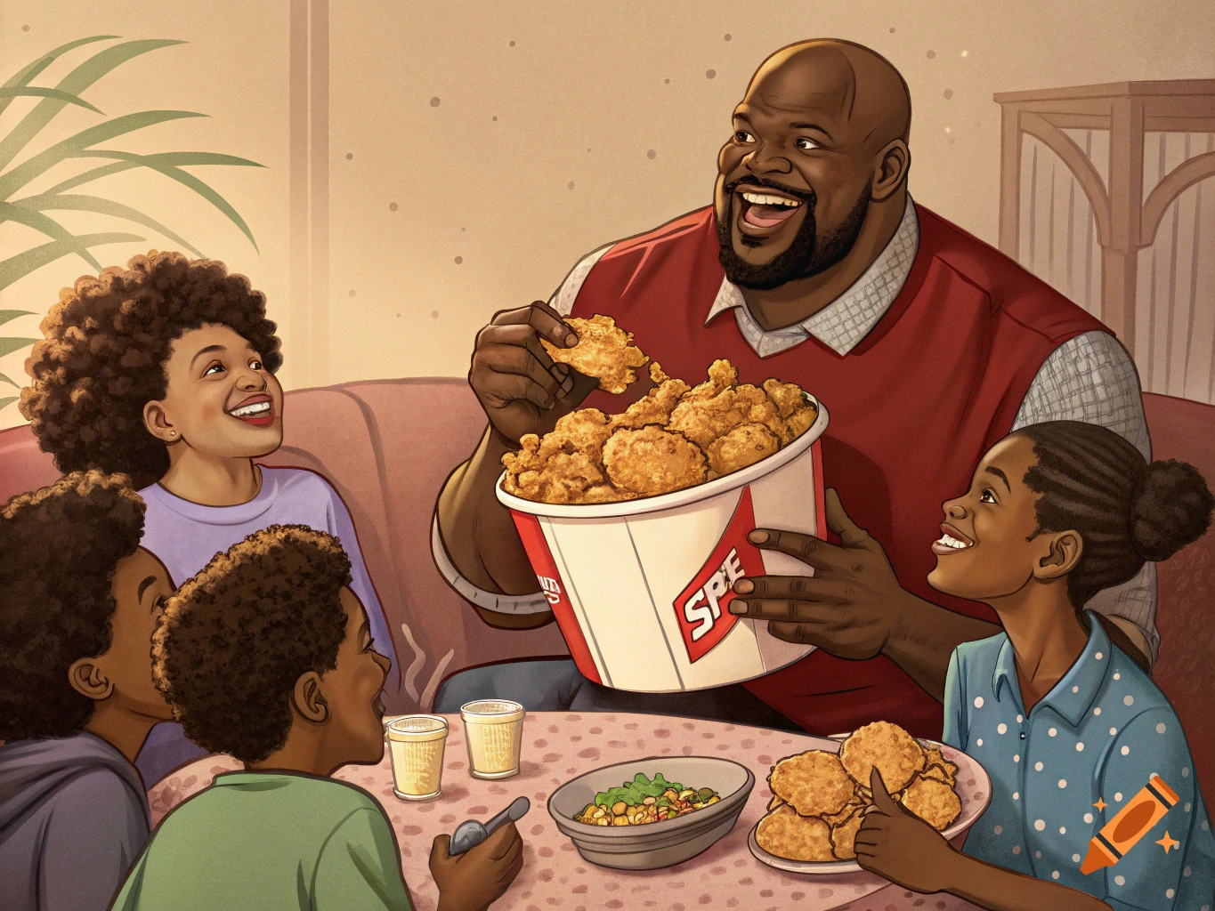 Illustration of Shaquille O'Neal and children eating a bucket of fried ...