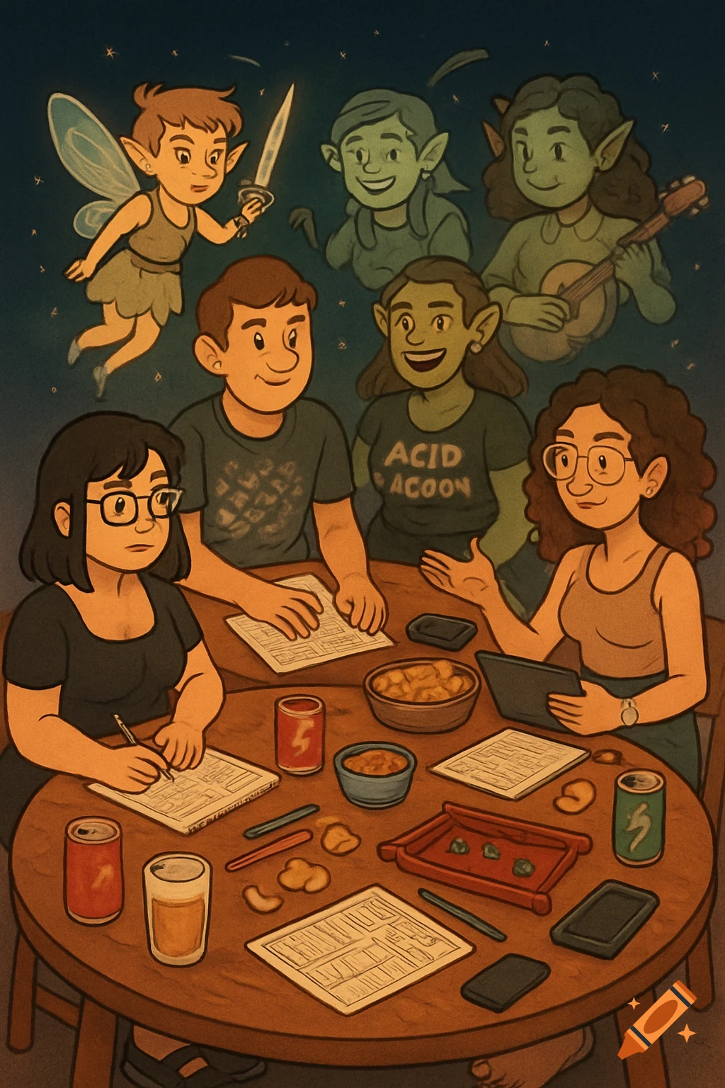 Cartoon group playing a tabletop game with floating fantasy characters ...