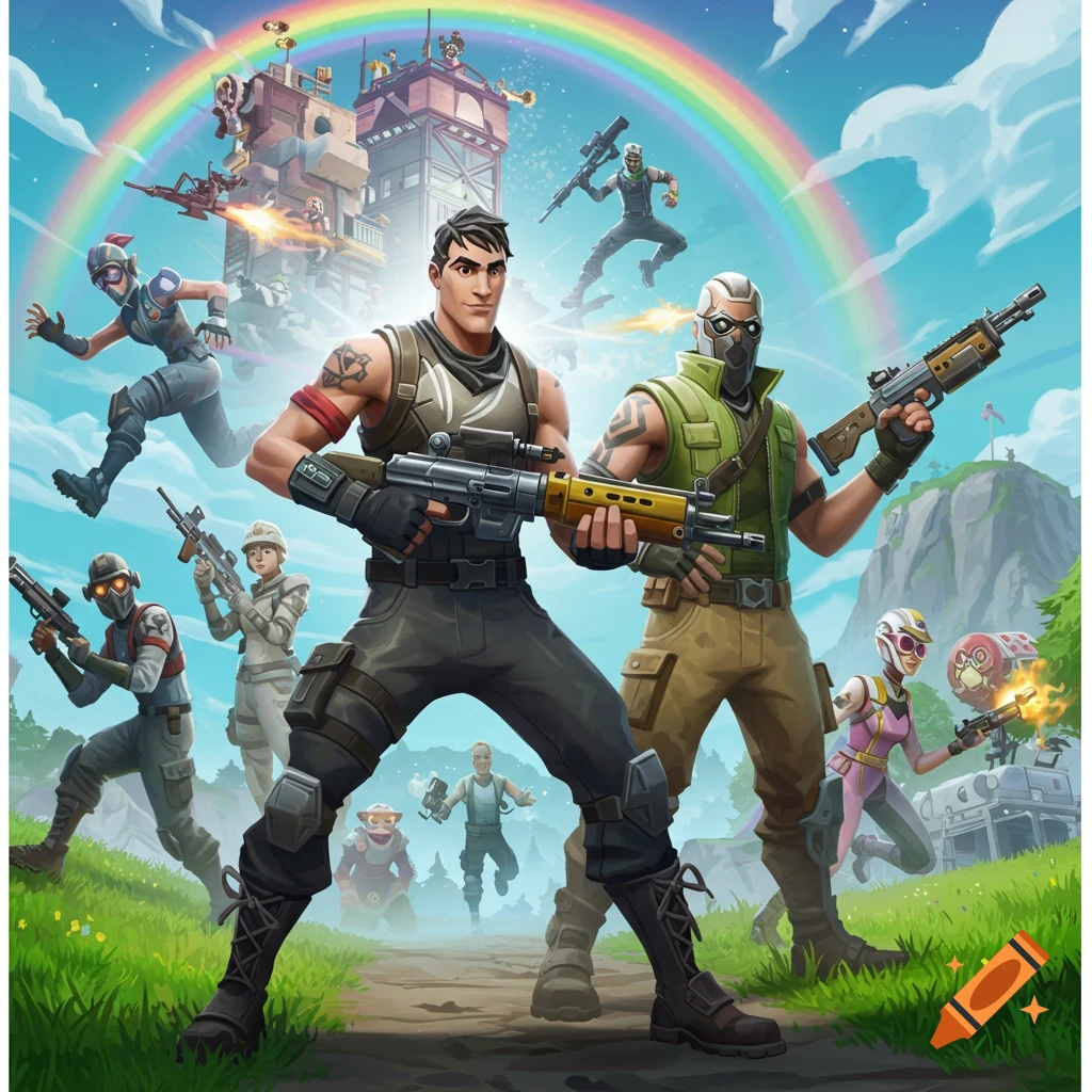 Stylized illustration of multiple Fortnite characters fighting with ...