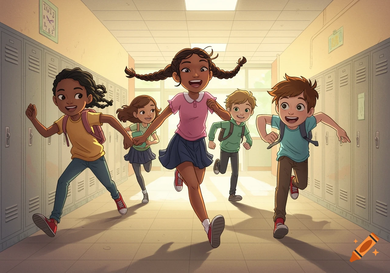Cartoon illustration of diverse middle school kids running and smiling ...