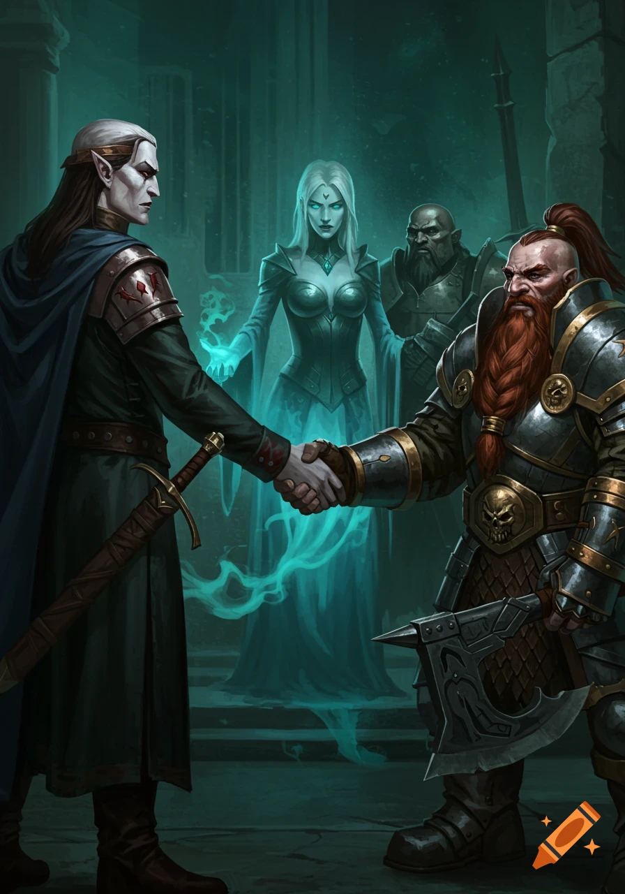 Fantasy scene: elf/vampire and dwarf characters shake hands, ghost and ...