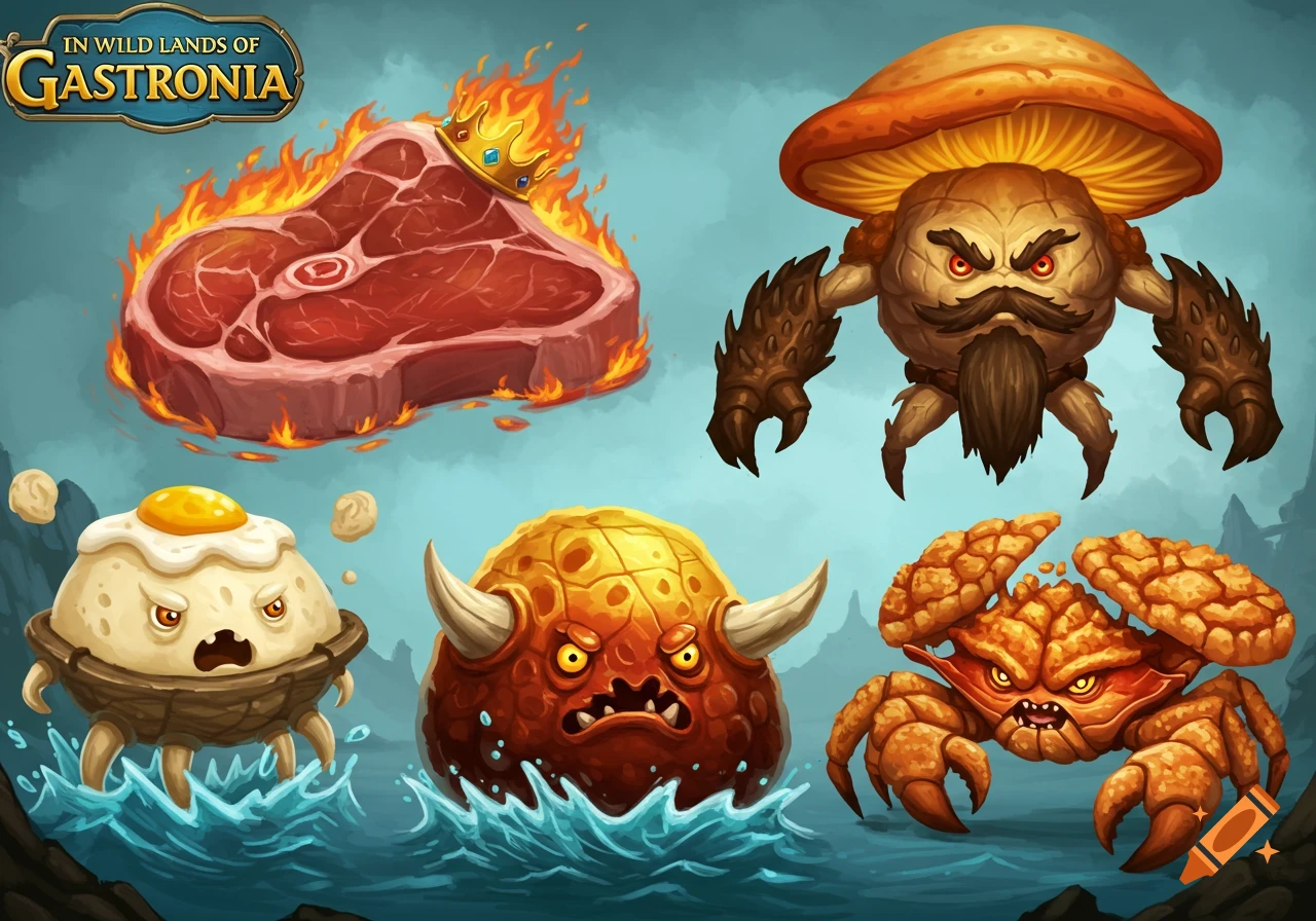 Cartoon fantasy art of food monsters: steak king, mushroom creature ...