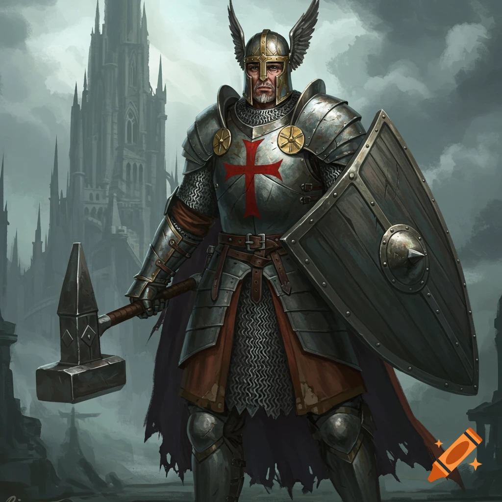 A paladin in winged armor with a warhammer and shield stands before a ...