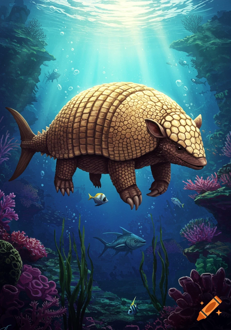 Fictional armadillo-like creature with fish tail swimming in a vibrant ...