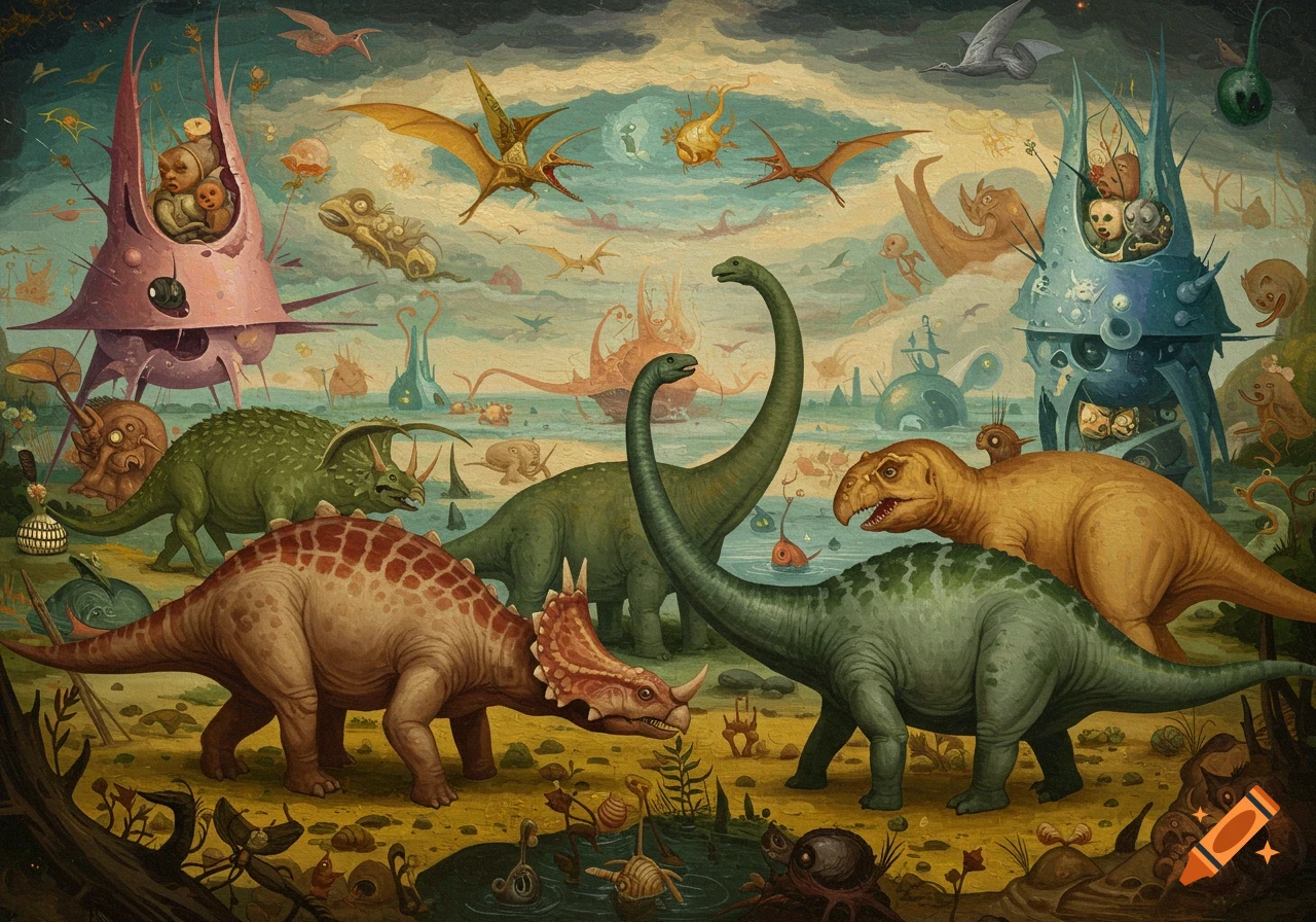 A Hieronymus Bosch-style painting of dinosaurs, bizarre creatures, and ...