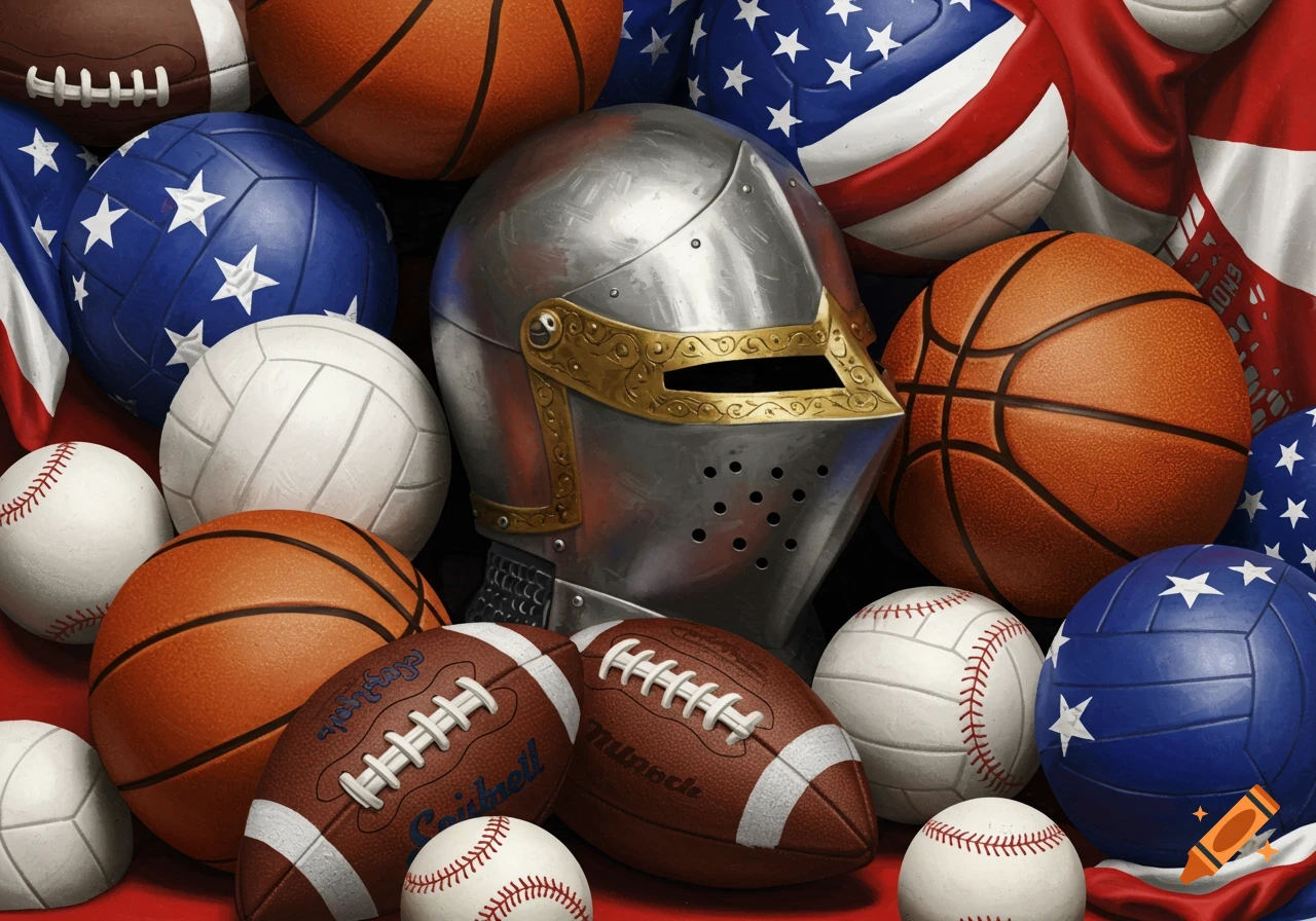 A pile of sports balls, a knight helmet, and American flag details. on ...