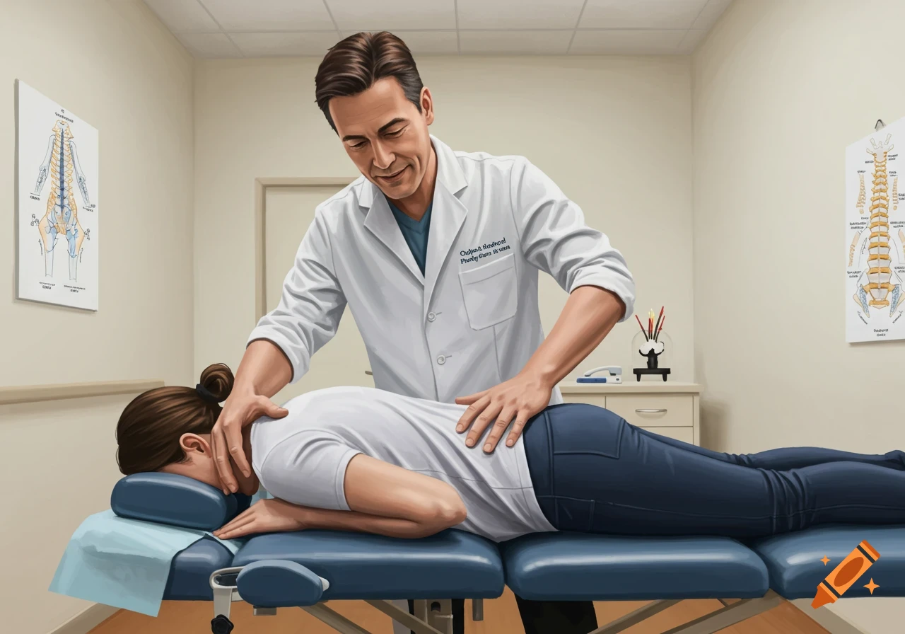 Illustration of a chiropractor adjusting a patient's back on a medical table in a clinic. on Craiyon