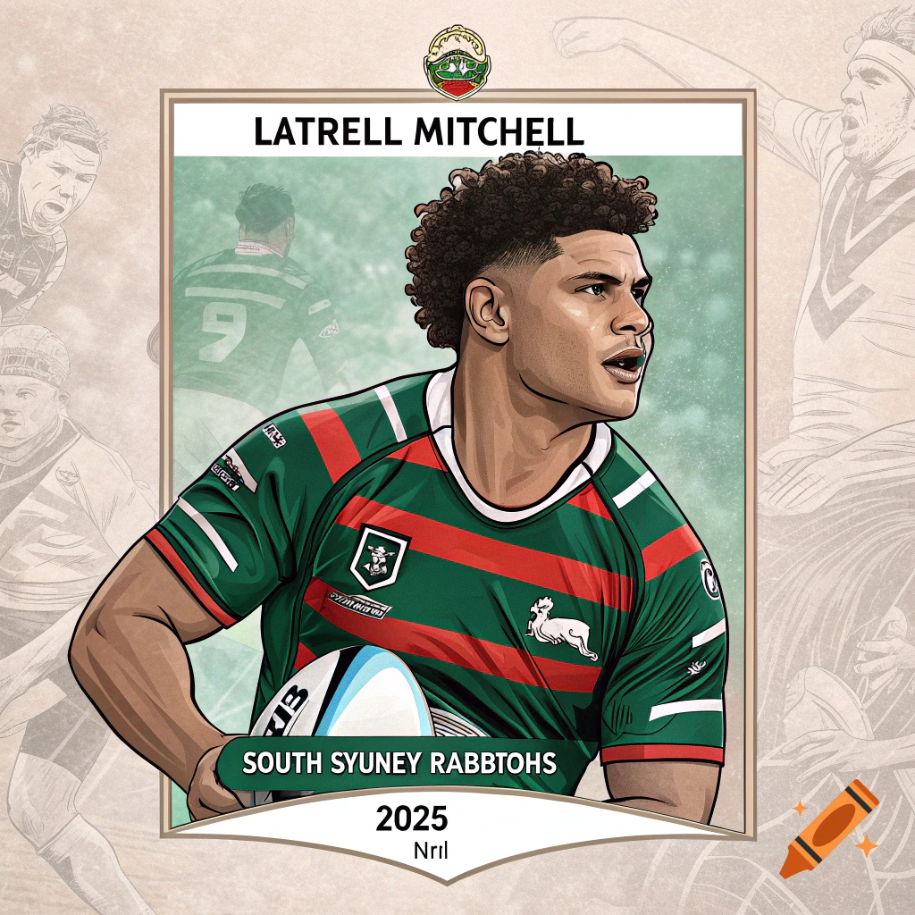 Stylized illustration of rugby player Latrell Mitchell in a green and ...