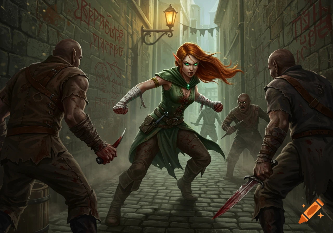 Fantasy illustration of a red-haired elf fighting two bandits in a ...